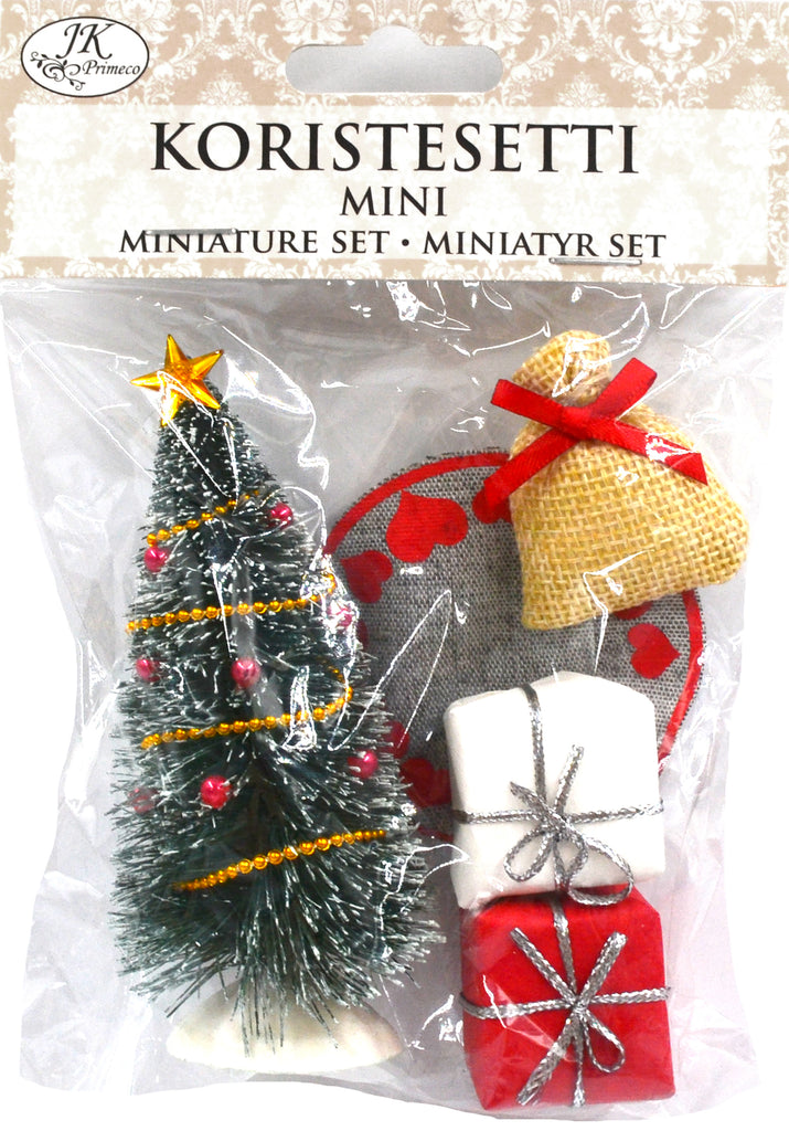 Koristesetti miniatyyri Kuusi ja lahjat 5 kpl | Suomalainen.com